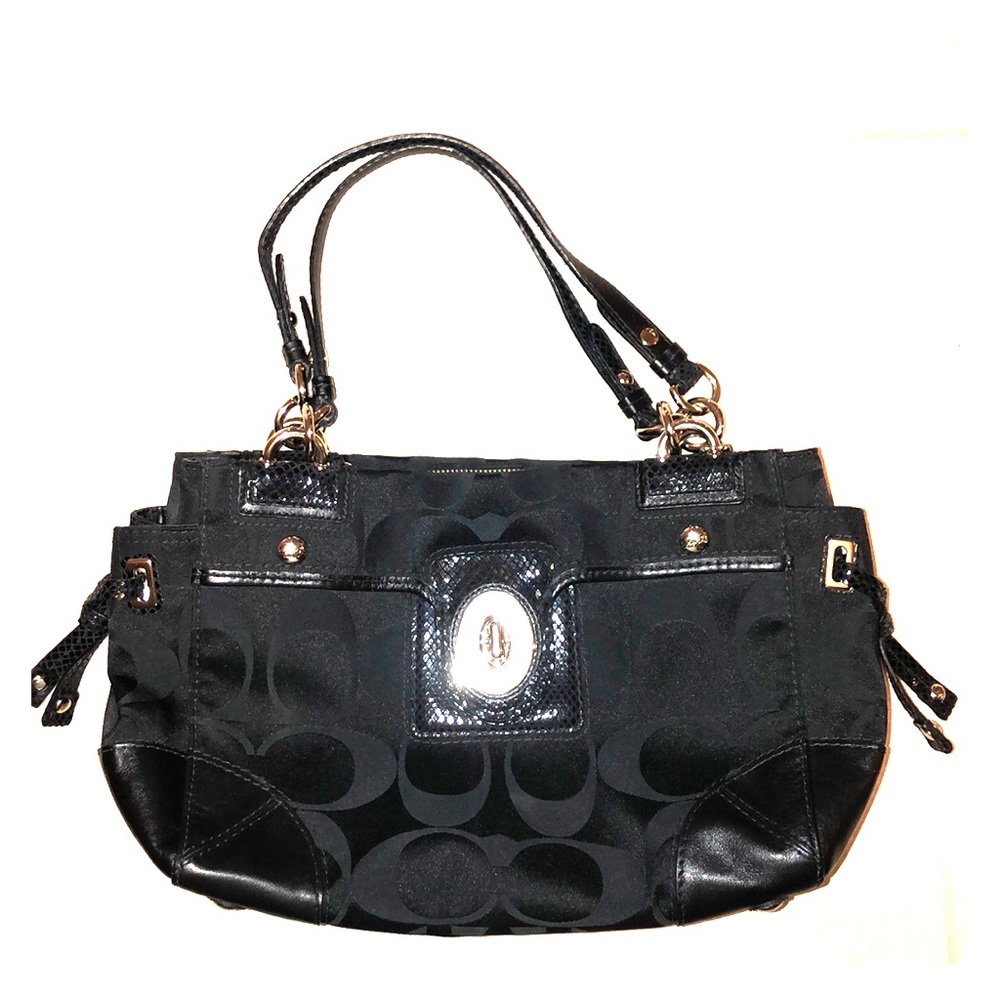 Coach Logo Fabric Leather Top Handle Purse Bag - Gem